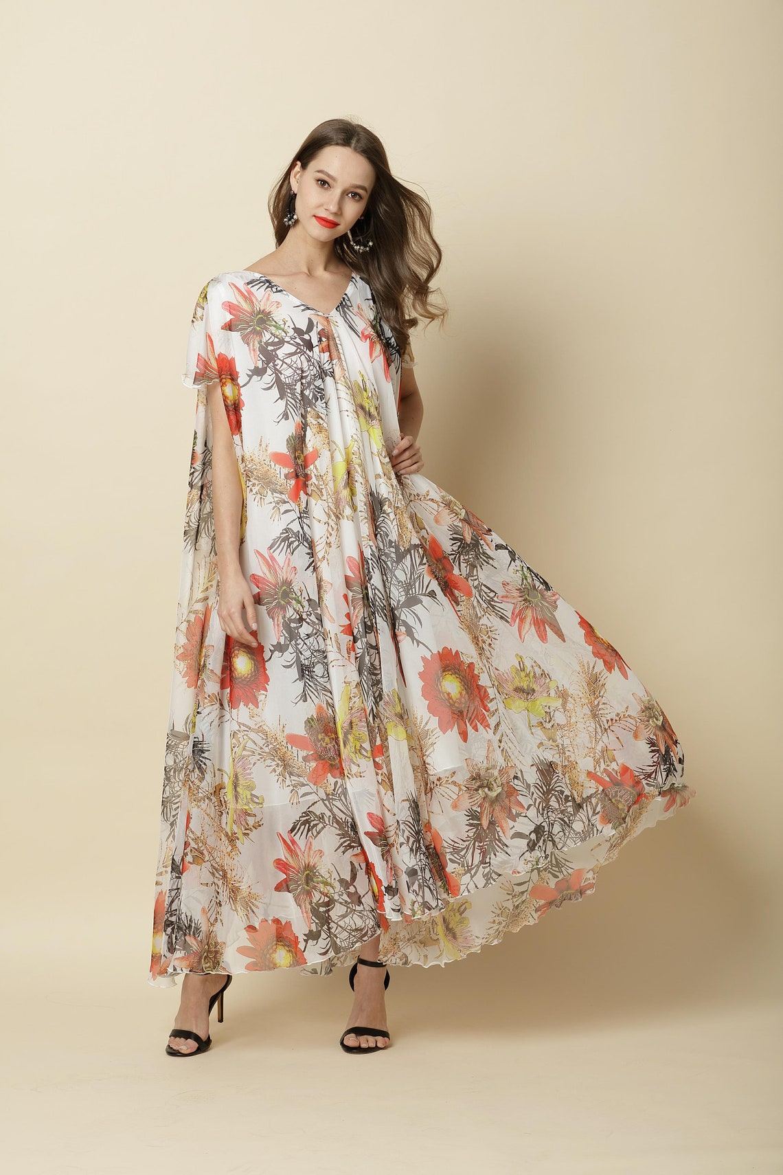 110 Colors Chiffon Red Flower Long Party Dress Short Sleeve - Etsy