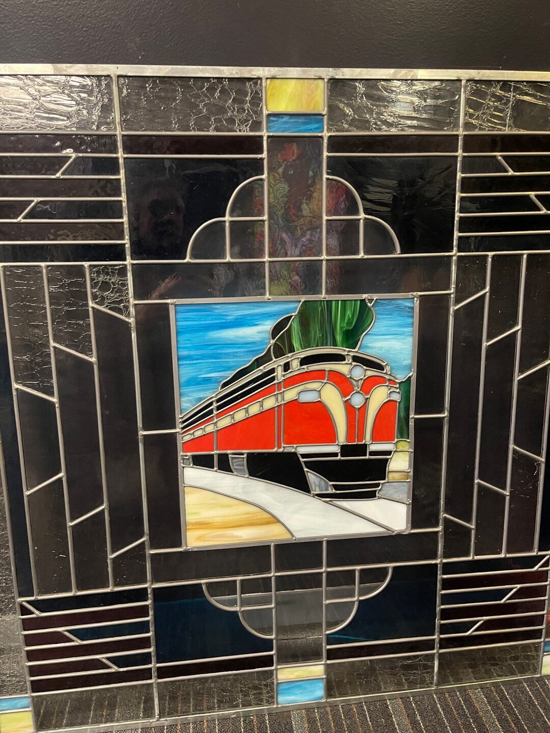 HUGE Art Deco Train Welded Stained Glass Fixture Window Panel Wall ...