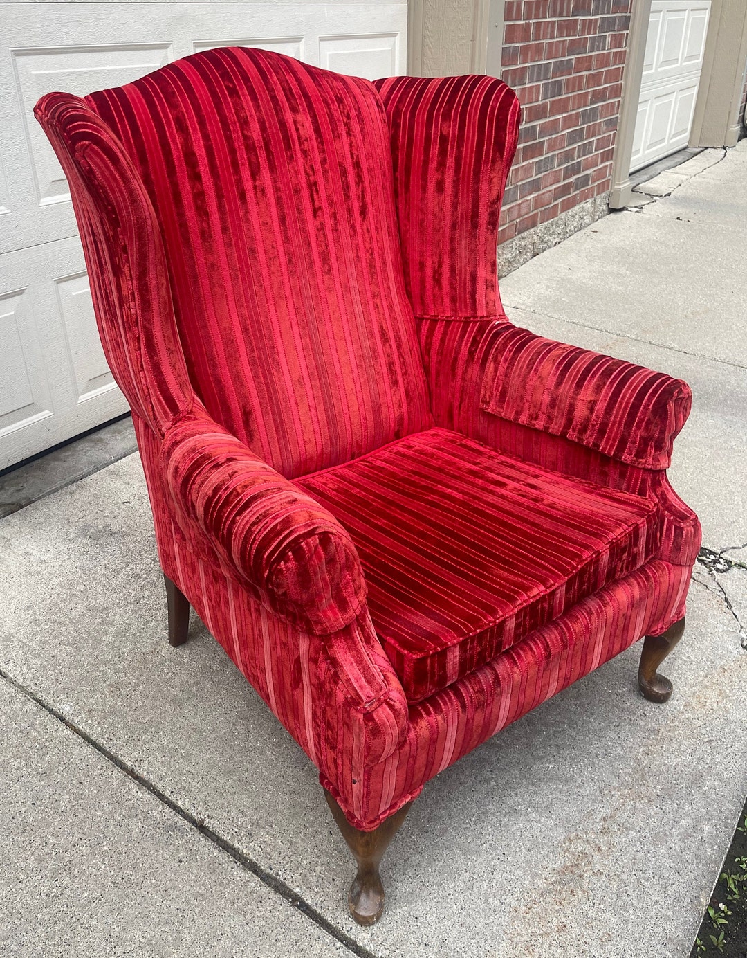 Vintage Red Velvet Queen Ann Winged Chair - Etsy