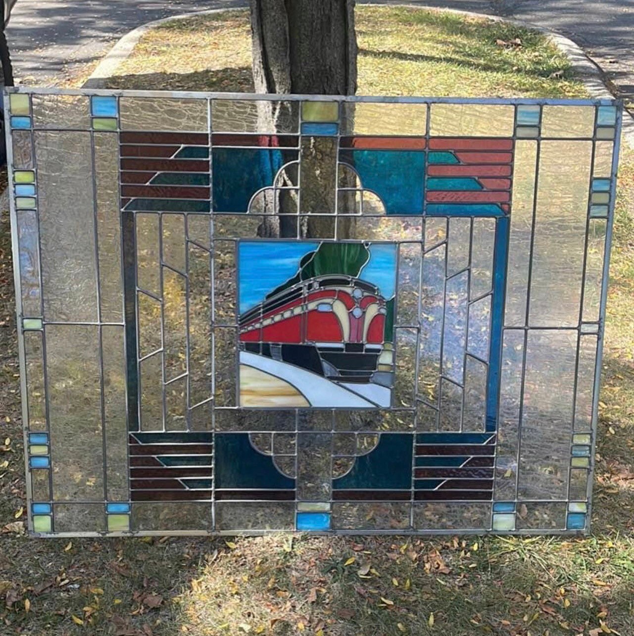 HUGE Art Deco Train Welded Stained Glass Fixture Window Panel Wall ...