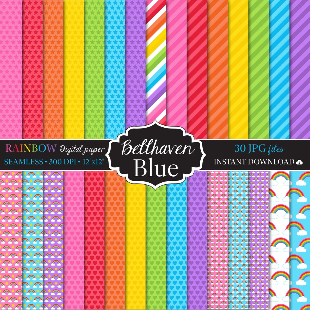 Rainbow Digital Paper Instant Download Stars Hearts - Etsy