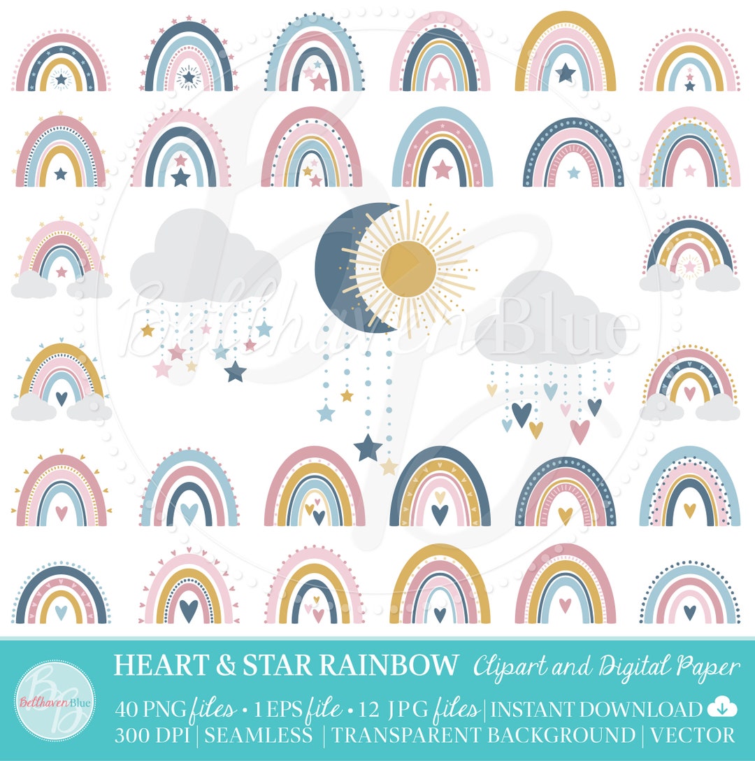 Heart & Star Rainbow Clipart, Sun, Moon, Clouds, Digital Paper, Instant ...