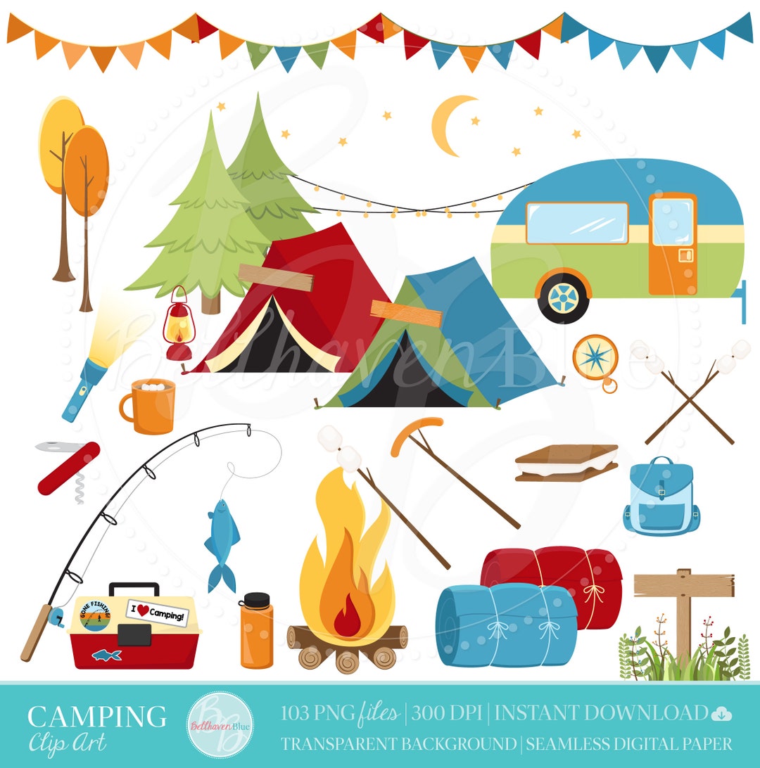 Green & Blue Camping Clipart, Instant Download Clip Art, Digital Paper ...