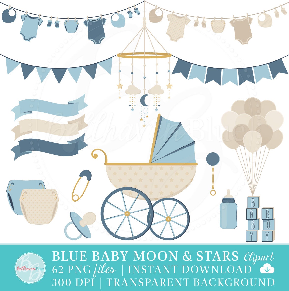 Blue Baby Moon & Stars Clipart PNG Files Transparent - Etsy