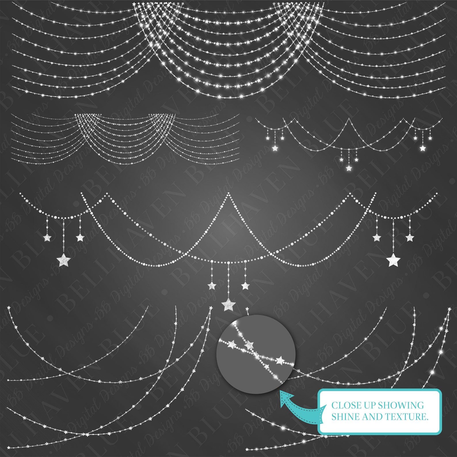 Chalkboard Star String Light & Garland Clipart, PNG Files, Instant ...