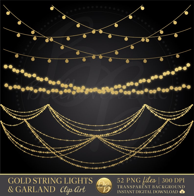 Gold String Light & Garland Clipart, Sparkle, Shine, Fairy, Christmas ...