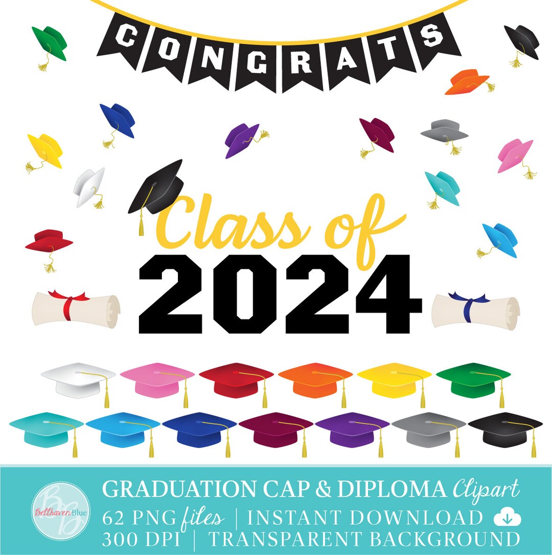 Graduation Cap and Diploma Clipart, PNG, Cap, Tassel, Year, 2024 ...