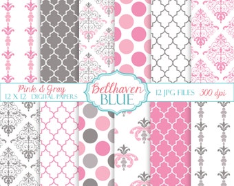 Pink Gray Digital Paper Pink Gray Damask Pink and Grey Baby Girl ...