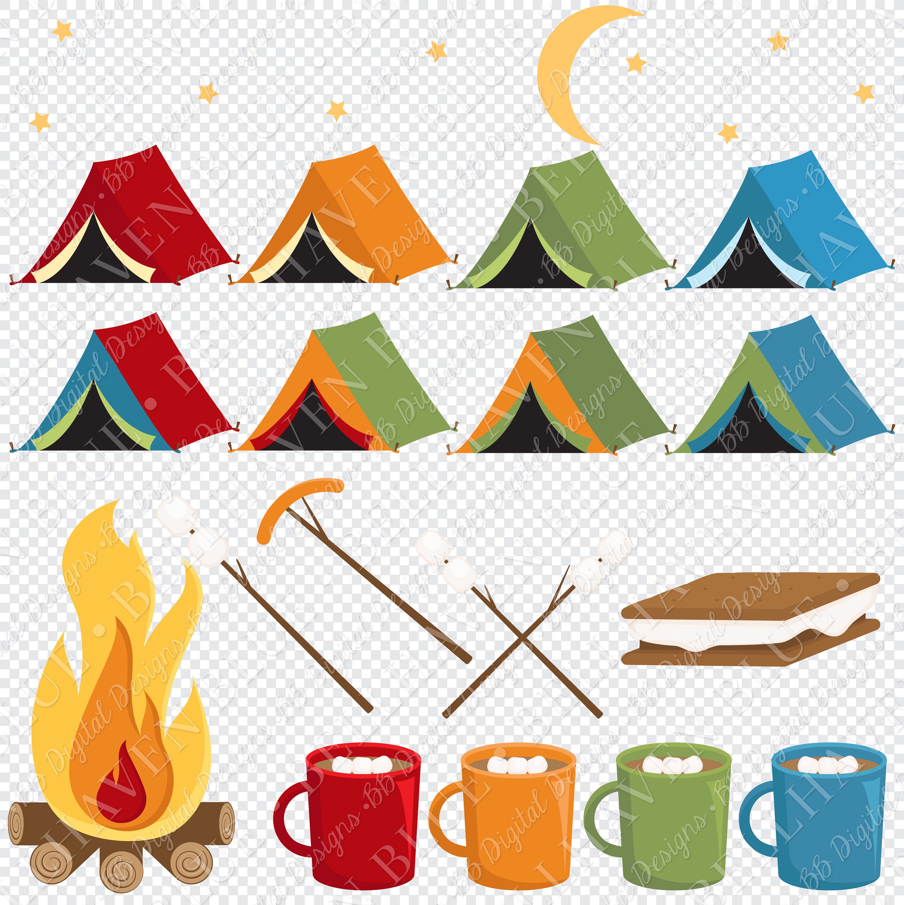 Green & Blue Camping Clipart, Instant Download Clip Art, Digital Paper ...