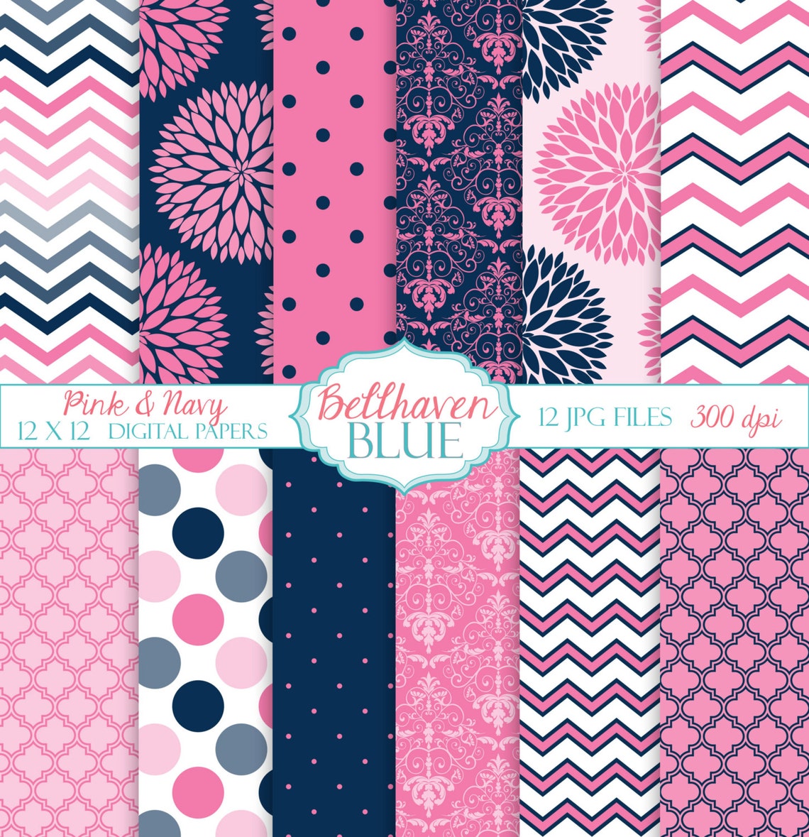 Pink and Navy Digital Paper - Etsy