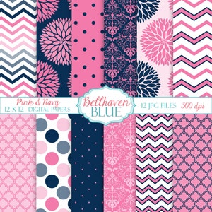Pink and Navy Digital Paper - Etsy