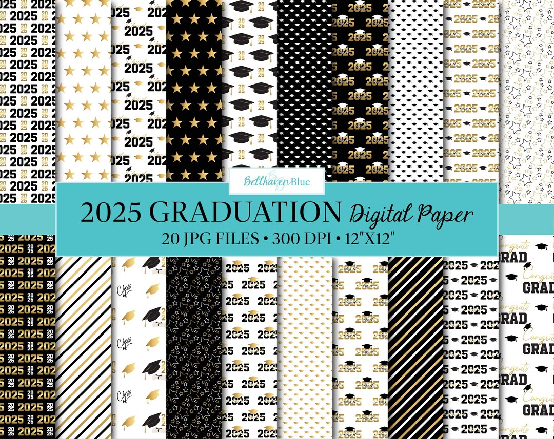 2025 Gold & Black Graduation Digital Paper, 20 JPG Files ...