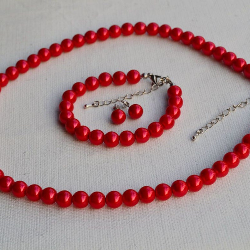 Red Pearls Jewelry Set - Etsy