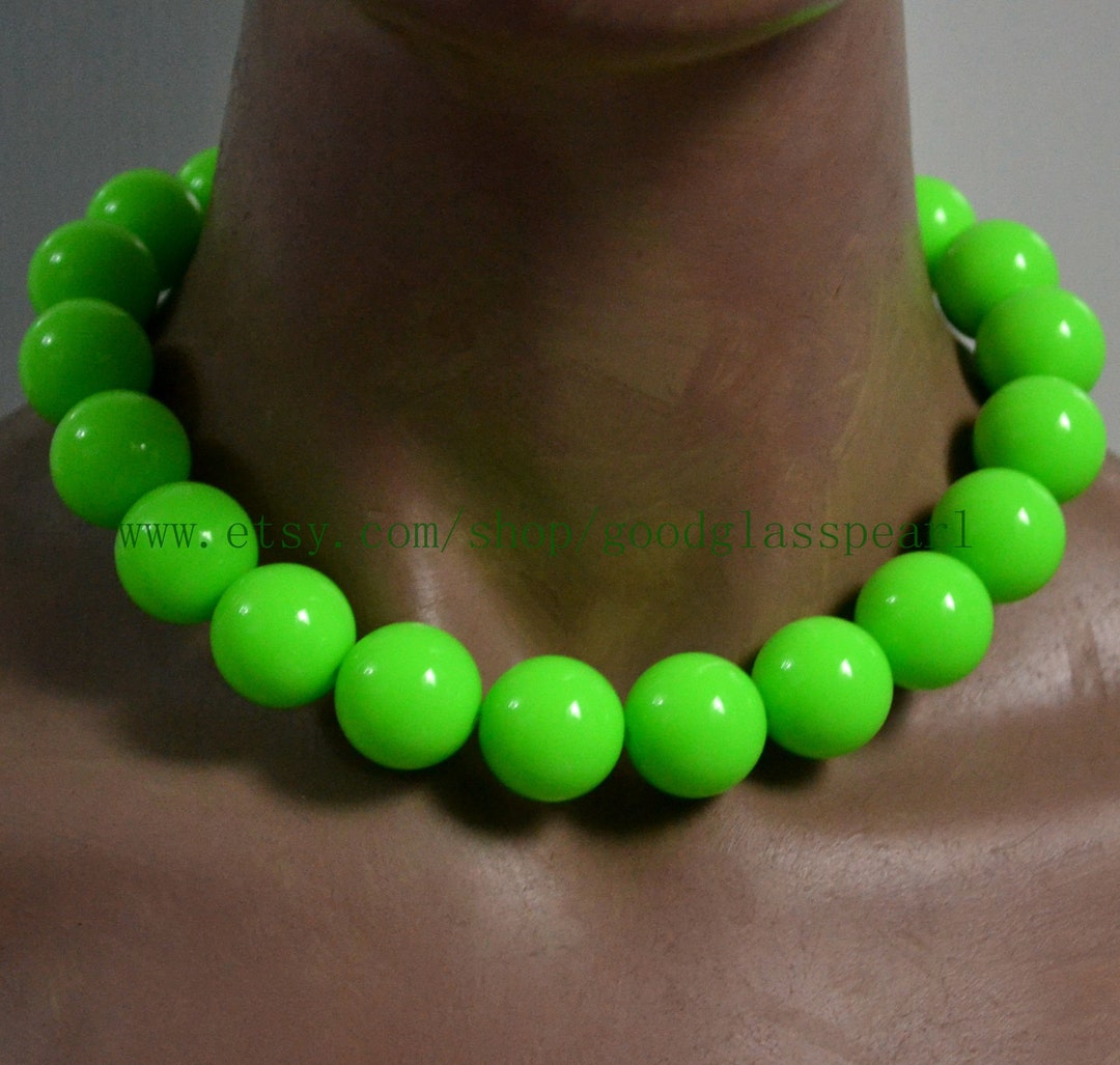 Big Bright Green Beaded Necklace, 19.5 Mm Fluorescent Green Beads ...