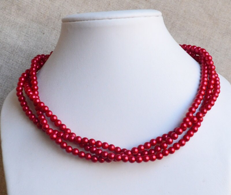 Red pearl necklaces 3-rows glass pearl necklaces wedding | Etsy