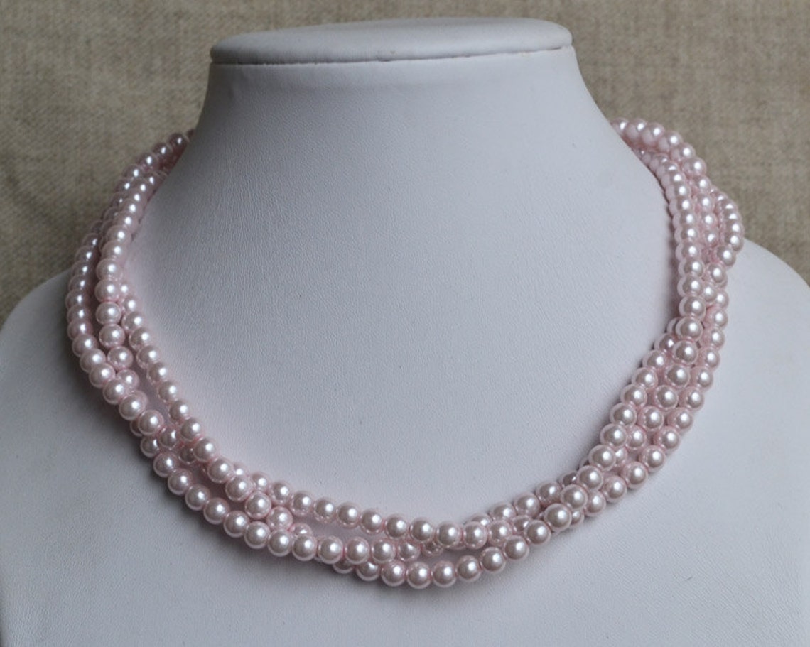 Light pink pearl necklace3-rows pearl necklaceswedding | Etsy