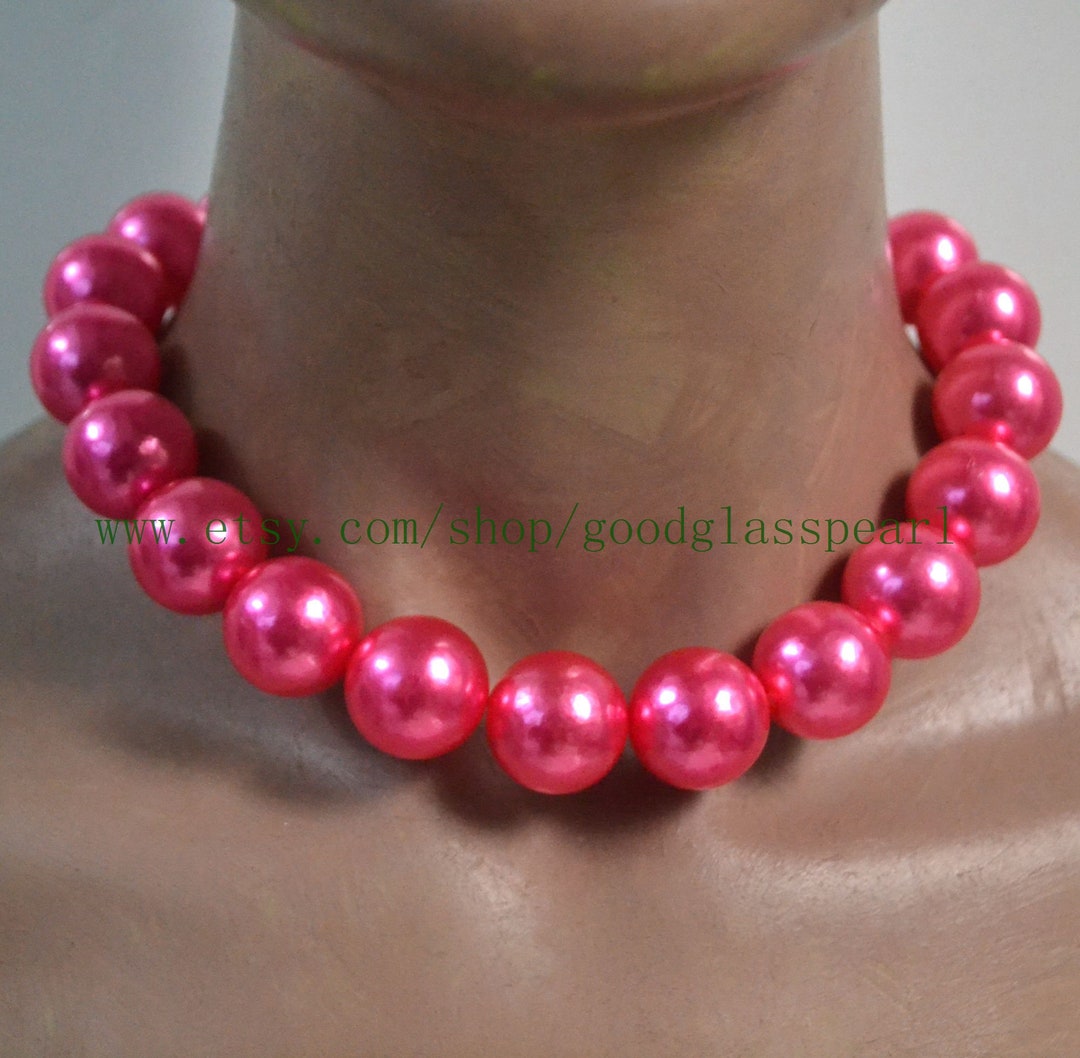 Hot Pink Pearl Necklace, 20mm Deep Pink Beads Necklace, Faux Pearl ...