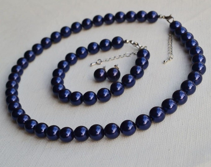Single Strand 8mm Navy Blue Pearl Necklace,glass Pearl Necklace ...