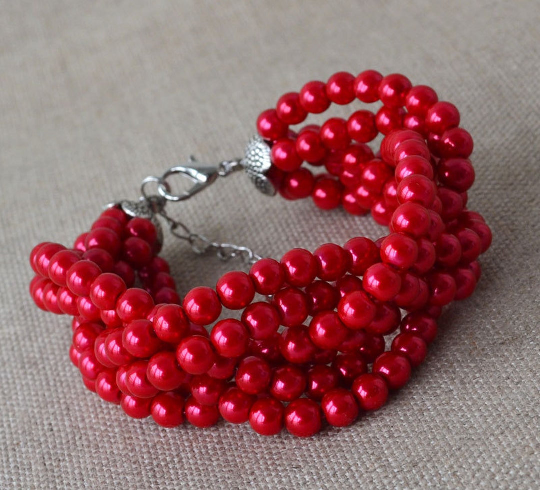 Red Glass Pearl Bracelet,six Starnds Twisted 6mm Red Color Bead ...