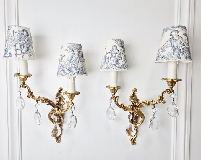 Pair Vintage French Rococo Sconces With Four Handmade Toile De Jouy ...