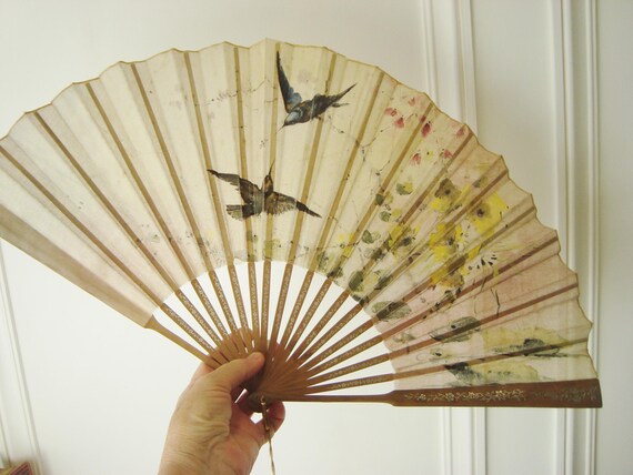 Antique fan with hand painted birds and flowers from … - Gem