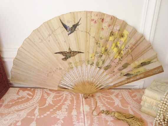 Antique fan with hand painted birds and flowers from … - Gem