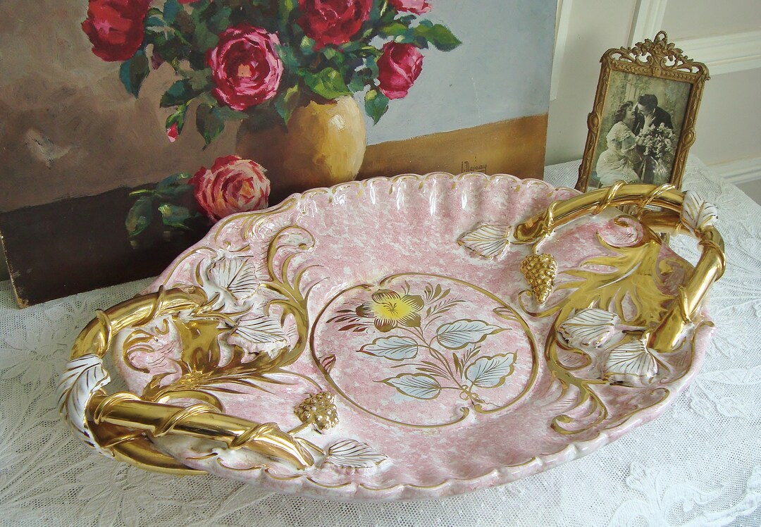 Large Vintage French Table Centerpiece Pink and Gold Ceramic With Vine ...