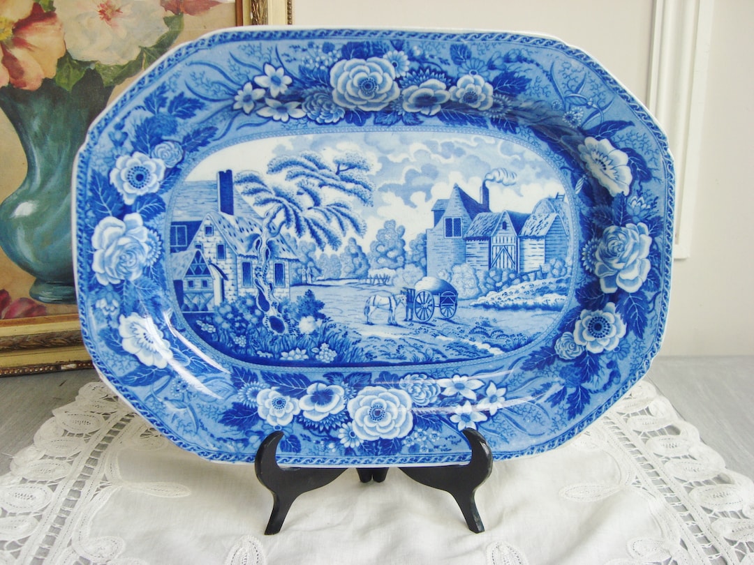 Antique Minton Platter Monk's Rock Design 1820's English Blue and White ...