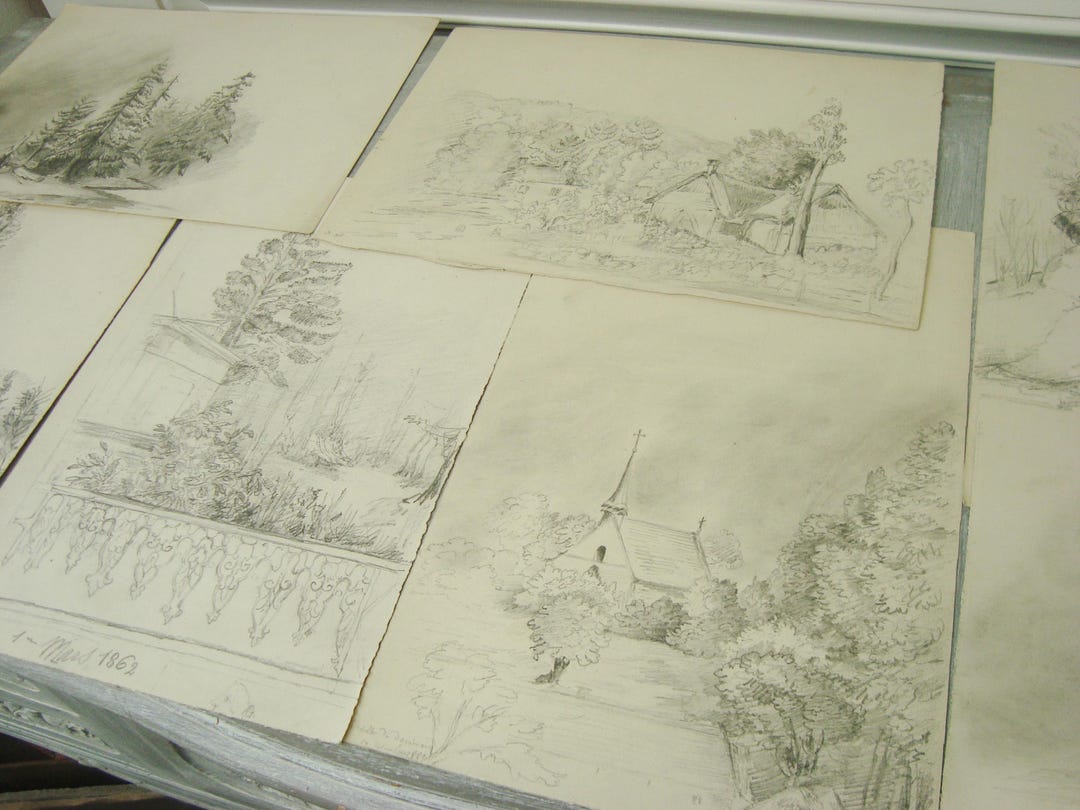 Set of 7 Antique French Drawings Pencil Sketches From the 1860's - Etsy
