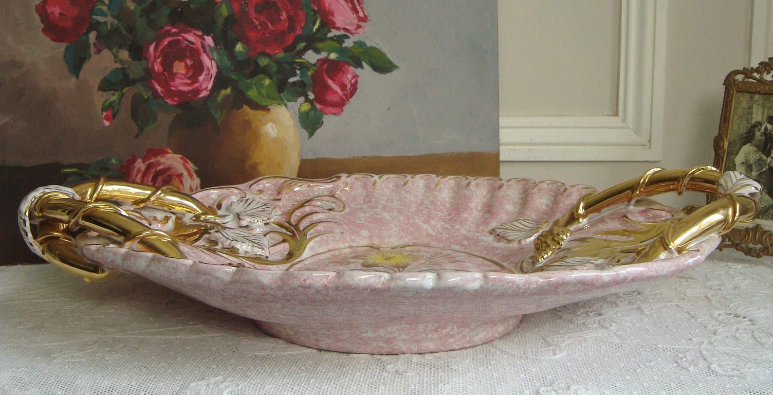 Large Vintage French Table Centerpiece Pink and Gold Ceramic - Etsy