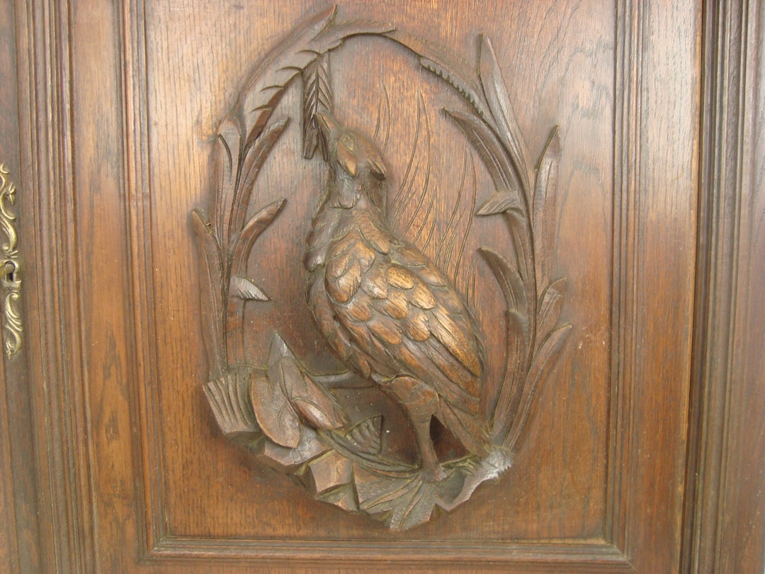 Antique Carved Game Bird 19th Century Wooden Door Panel With A Pheasant