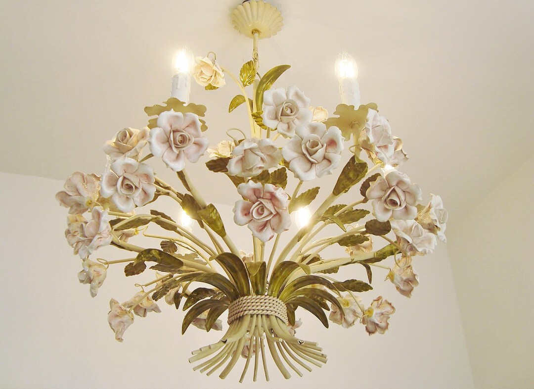 Large Vintage Roses Chandelier in With Porcelain Flowers Pretty Floral ...
