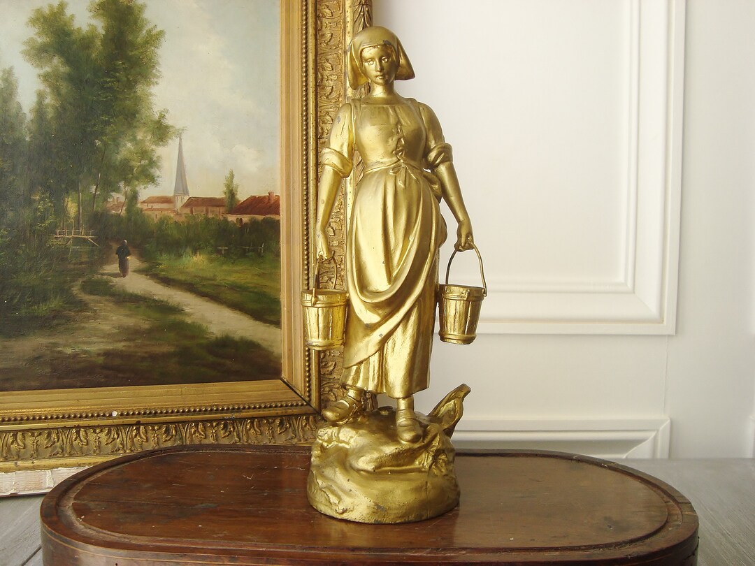 Antique French Milkmaid Statue in Spelter Clock Decoration for Projects ...