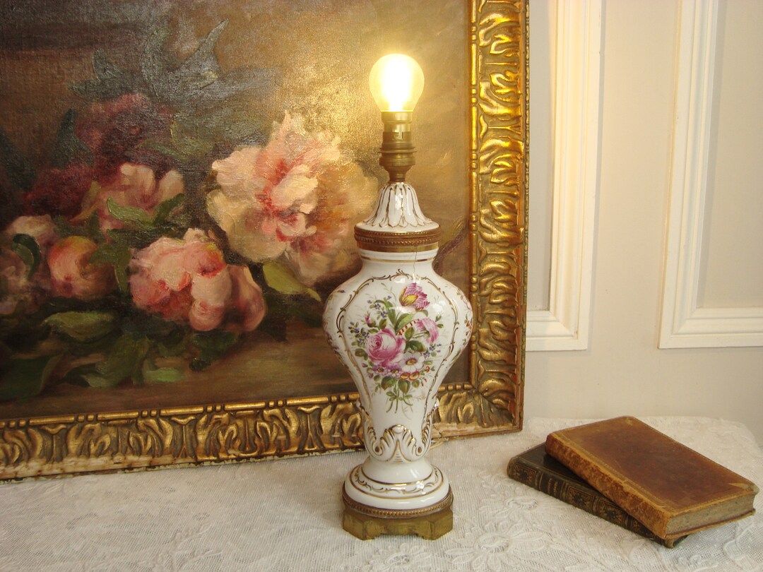 Antique French Table Lamp With Floral Motifs Signed LB Paris in Sevres ...