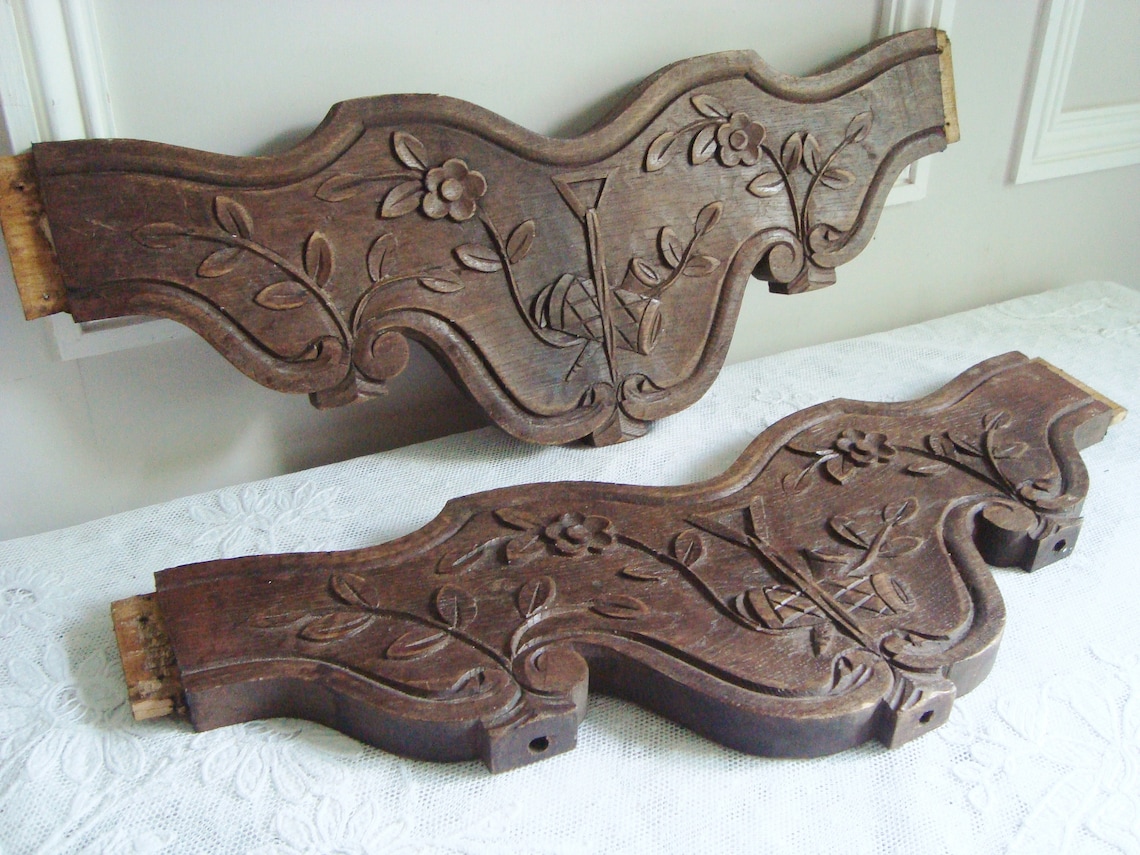 Pair antique French carved pediments wooden decorative | Etsy
