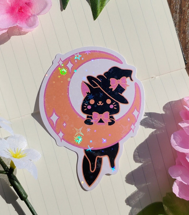 Witch Cat Holographic Sticker / Black Cat Sticker / Animal Sticker ...
