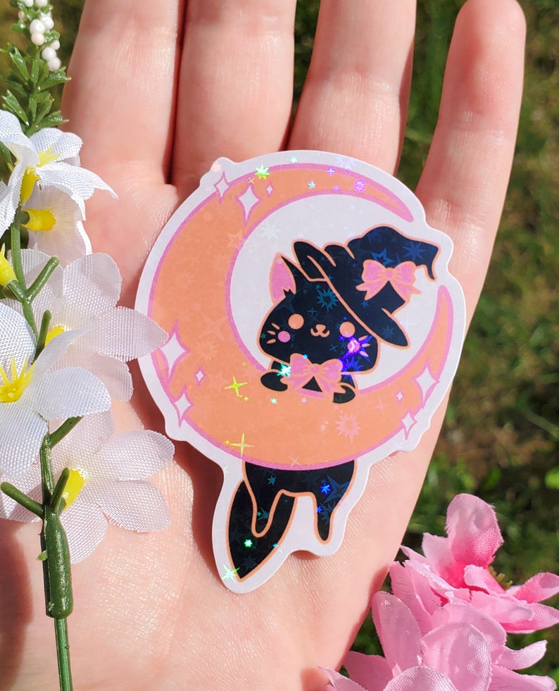 Witch Cat Holographic Sticker / Black Cat Sticker / Animal Sticker ...