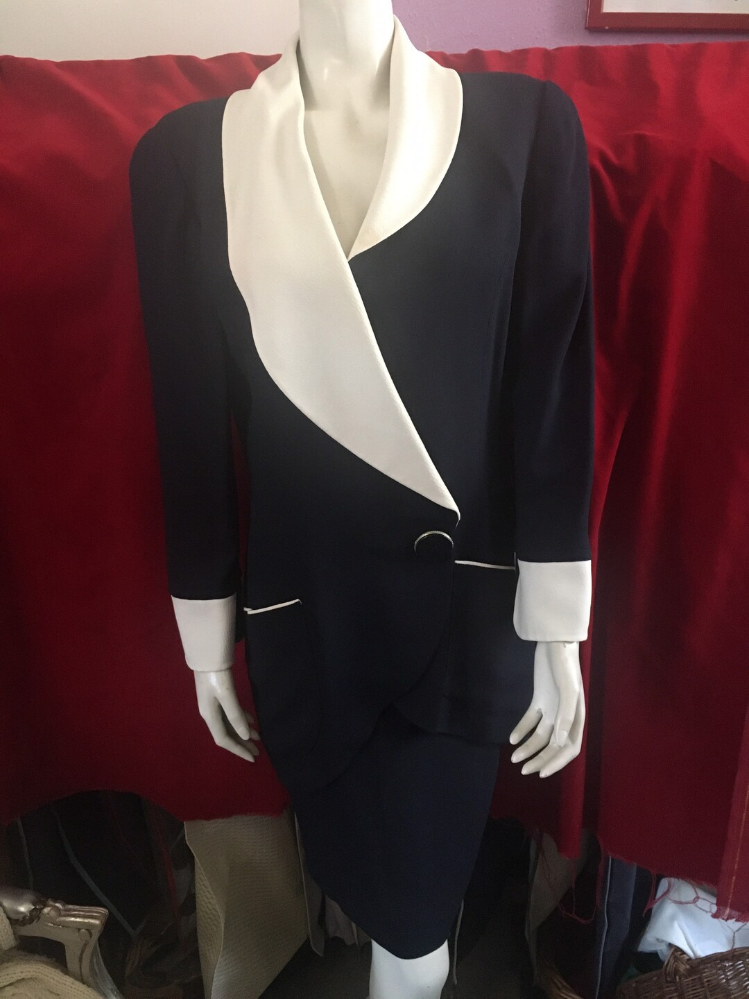 Karl Lagerfeld Skirt Suit Navy & Ivory White Chic Elegant Occasion ...