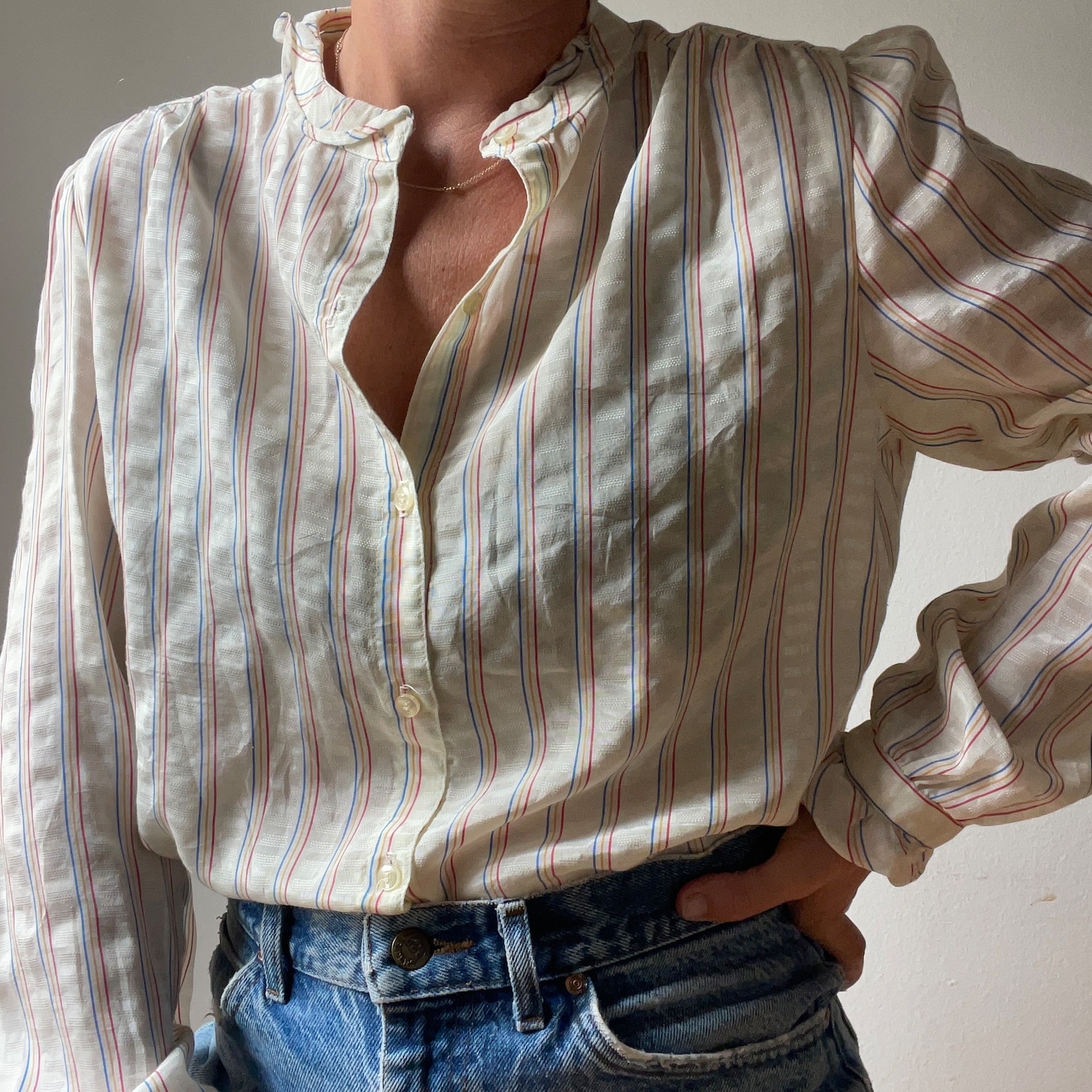 70s Striped Satin Blouse, Retro Stripe, Ruffle Collar, Satin Blouse ...