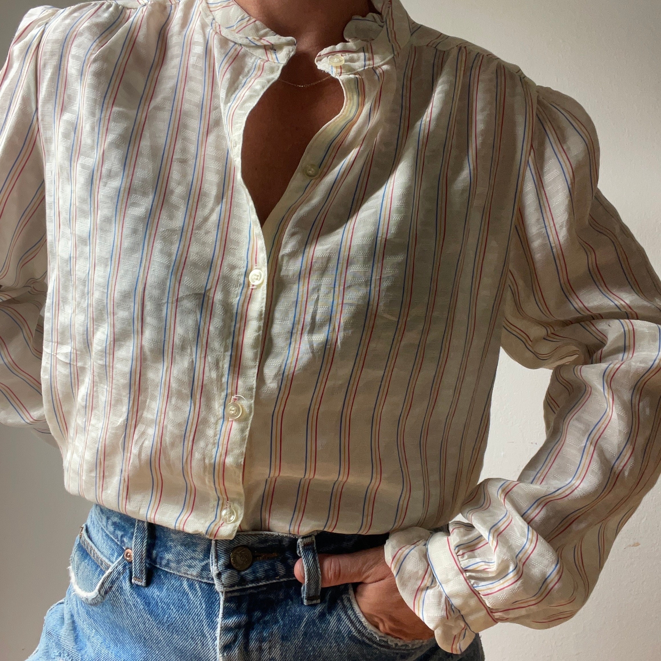 70s Striped Satin Blouse, Retro Stripe, Ruffle Collar, Satin Blouse ...