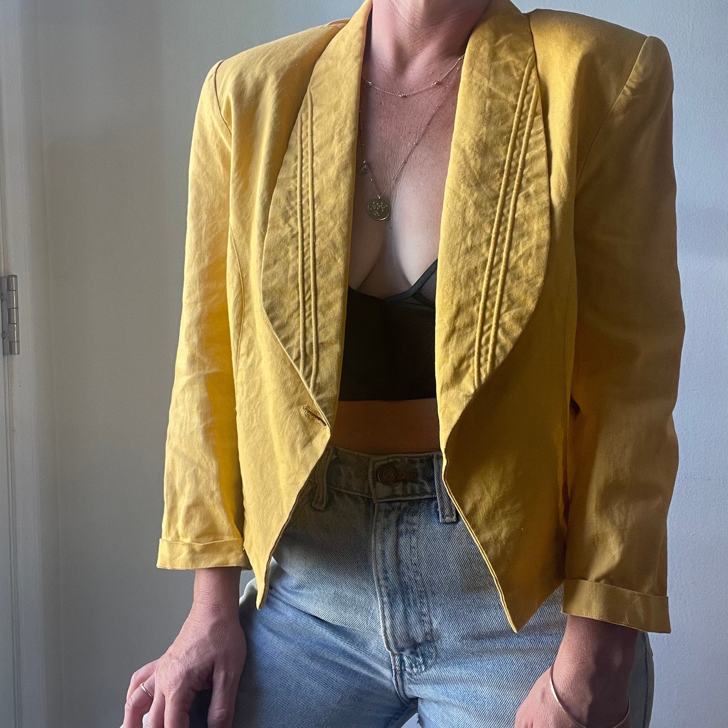 Vintage Mustard Yellow Linen Blazer, Linen Jacket Women, Cropped ...