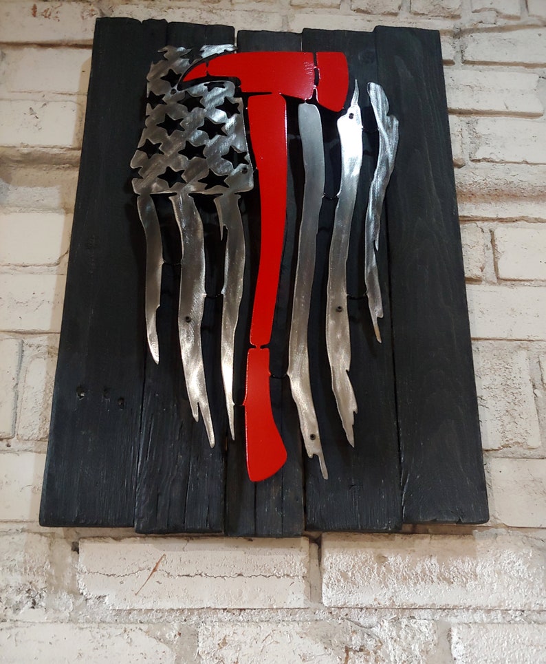 Red Line Ax Torn & Tattered Metal Flag on Reclaimed Wood Frame ...