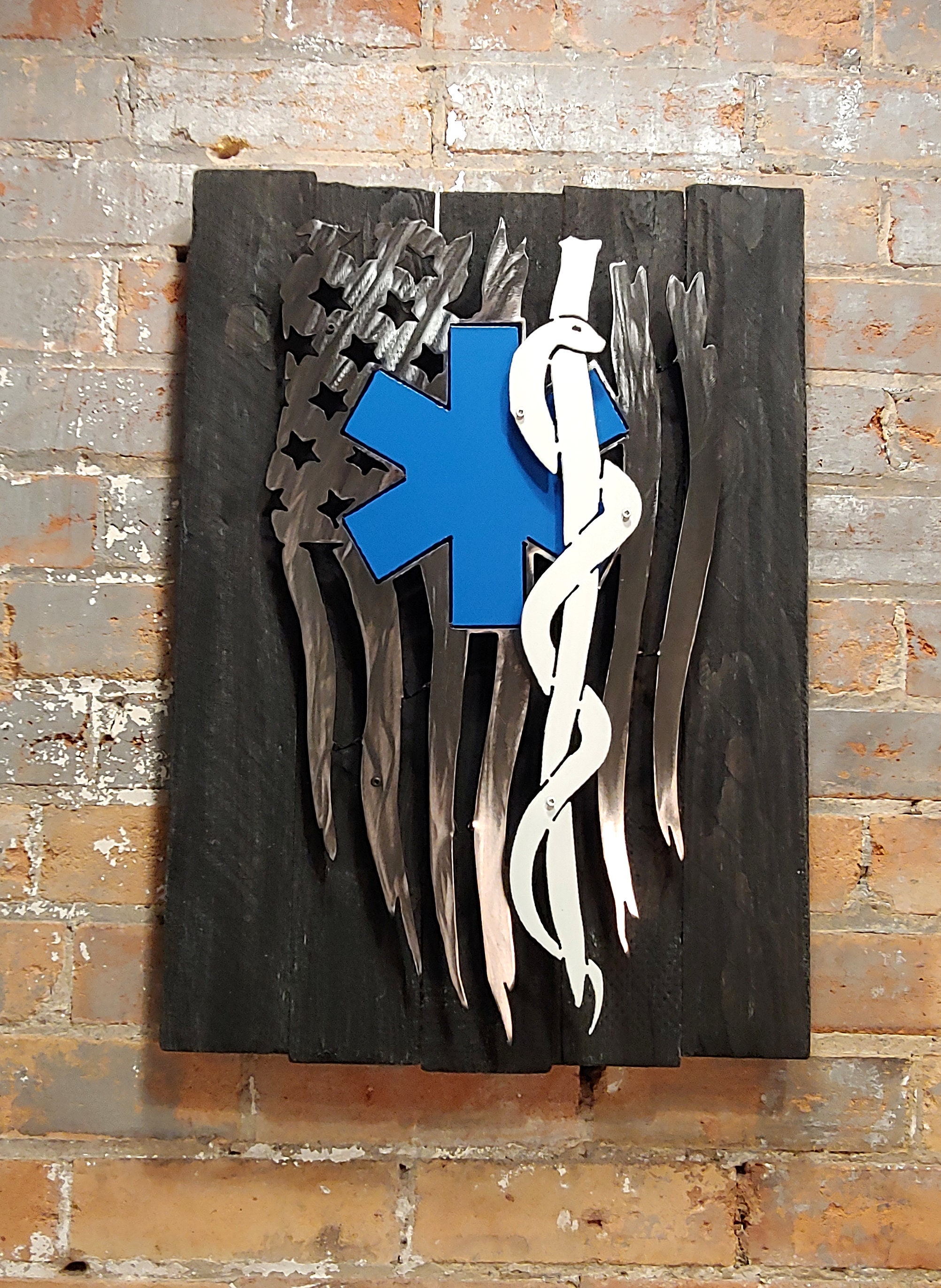 Steel tattered flag EMT on a rustic wood frame American | Etsy