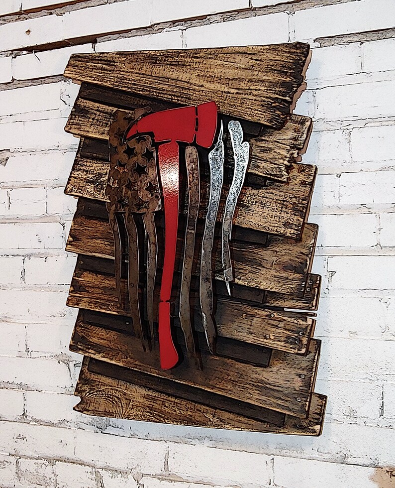 Red Line Ax Torn & Tattered Metal Flag on Reclaimed Wood Frame ...