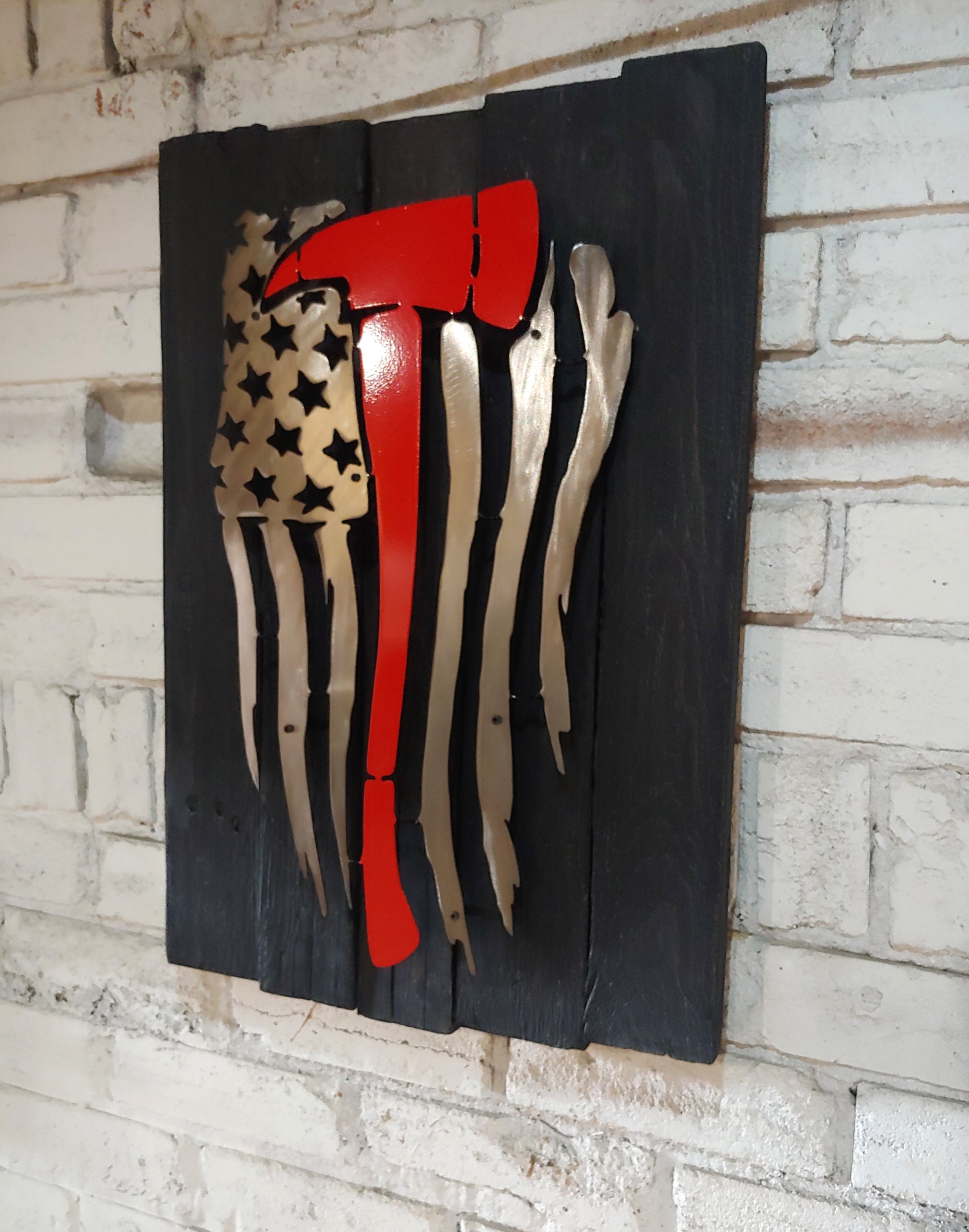 Red Line Ax Torn & Tattered metal flag on reclaimed wood | Etsy