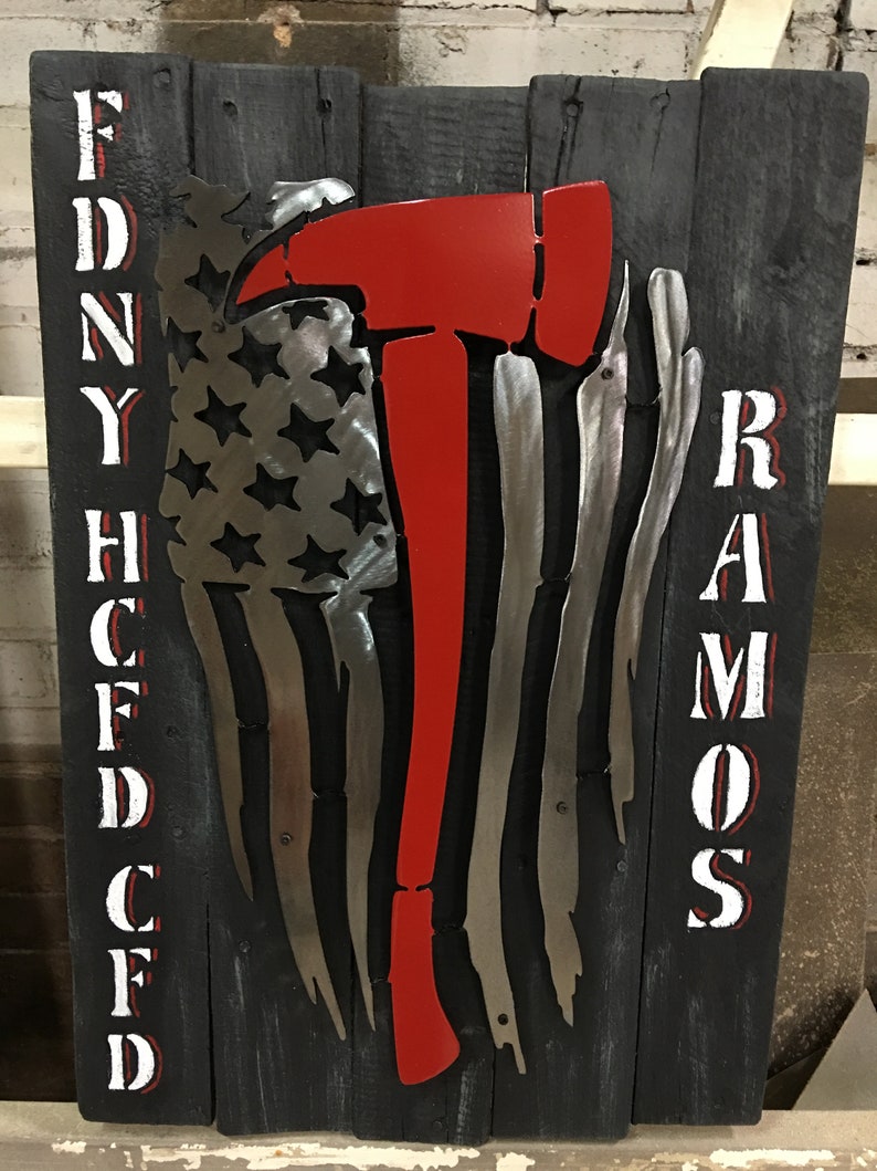 Custom Red Line Ax Torn & Tattered Metal Flag on Reclaimed Wood Frame ...