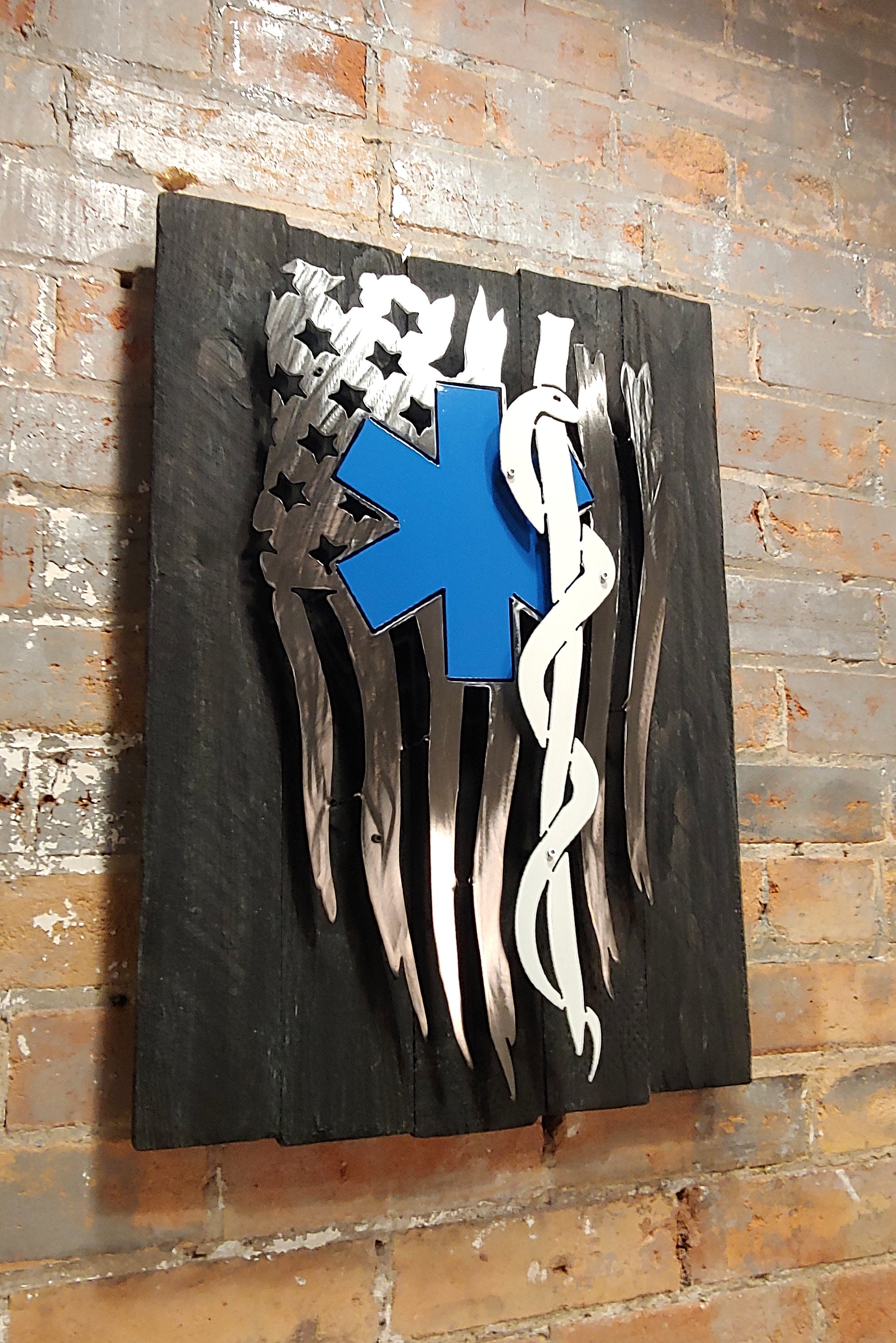 Steel tattered flag EMT on a rustic wood frame American | Etsy