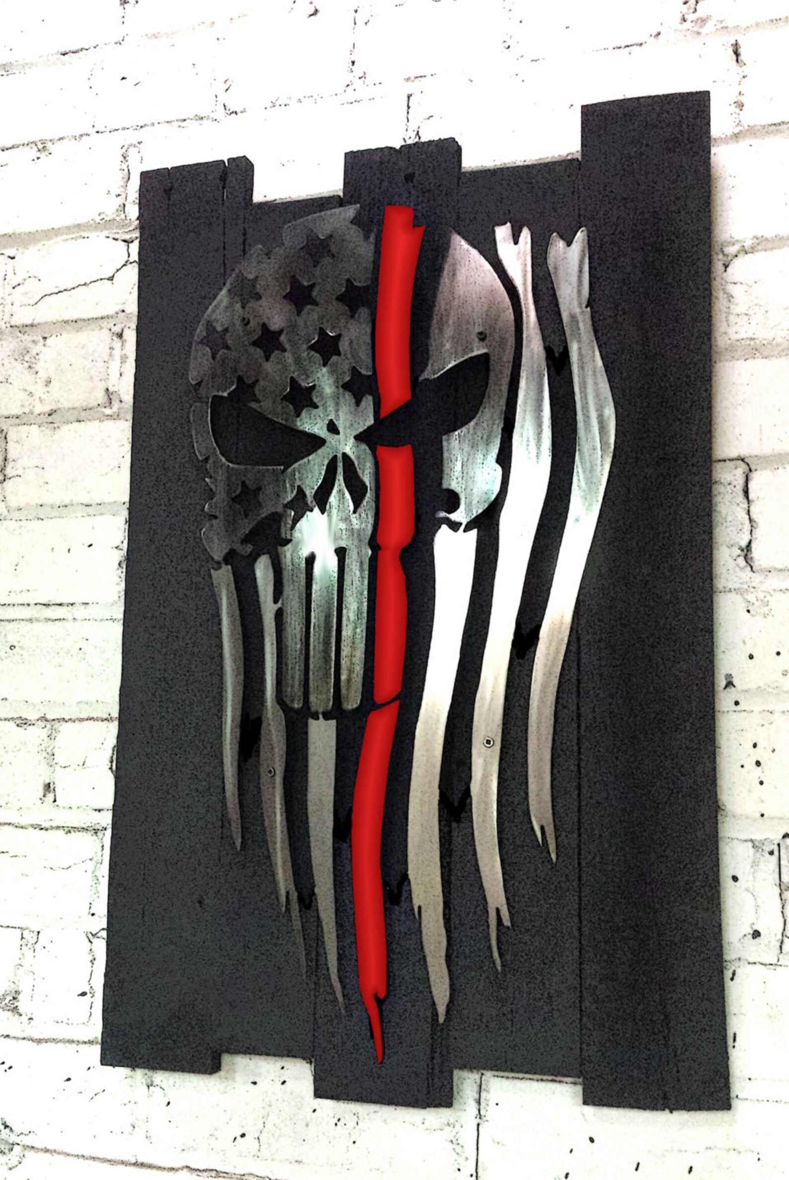 Metal Tattered Punisher flag with Thin Red Line on reclaimed | Etsy