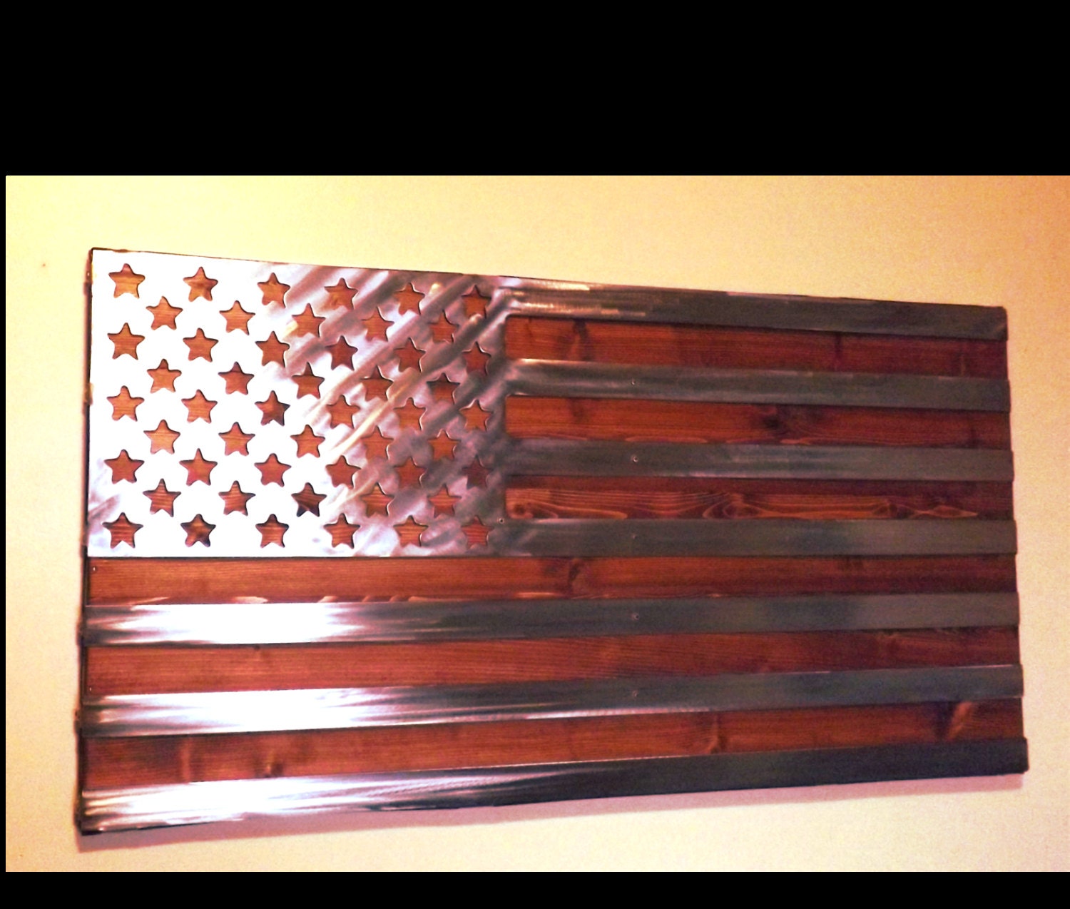 USA Flag Modern/Rustic Brushed Metal art on a Cedar wood frame | Etsy