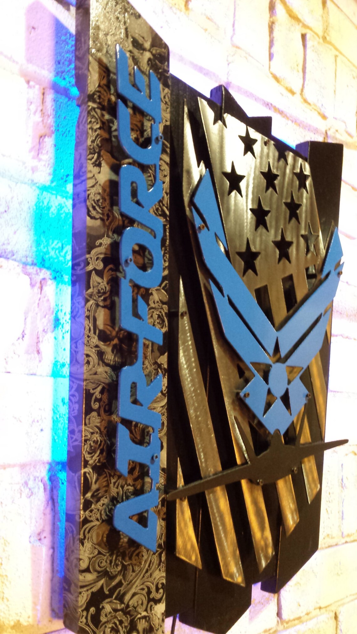 Metal Air Force American Flag Mounted on a Modern Skull Graphic Frame ...